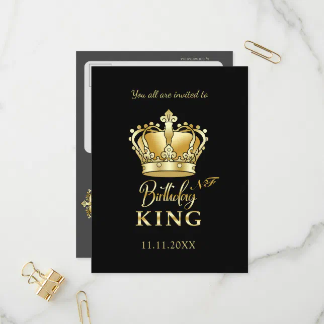 Birthday King Gold Crown Royal Monogram Luxury Invitation Postcard | Zazzle