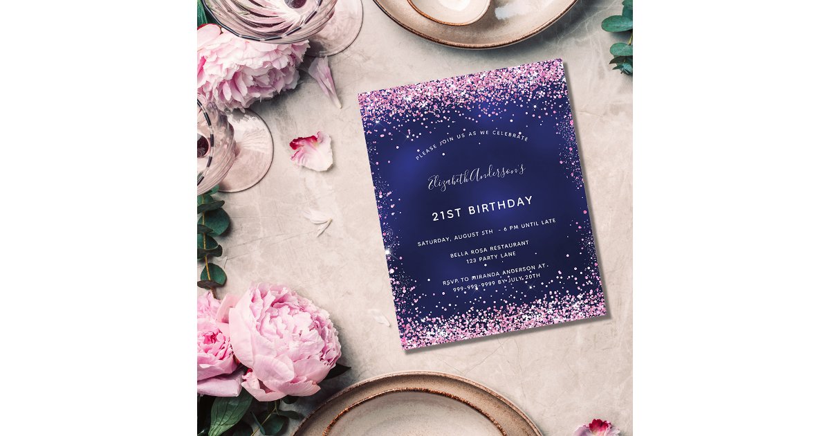 Birthday navy blue pink invitation | Zazzle