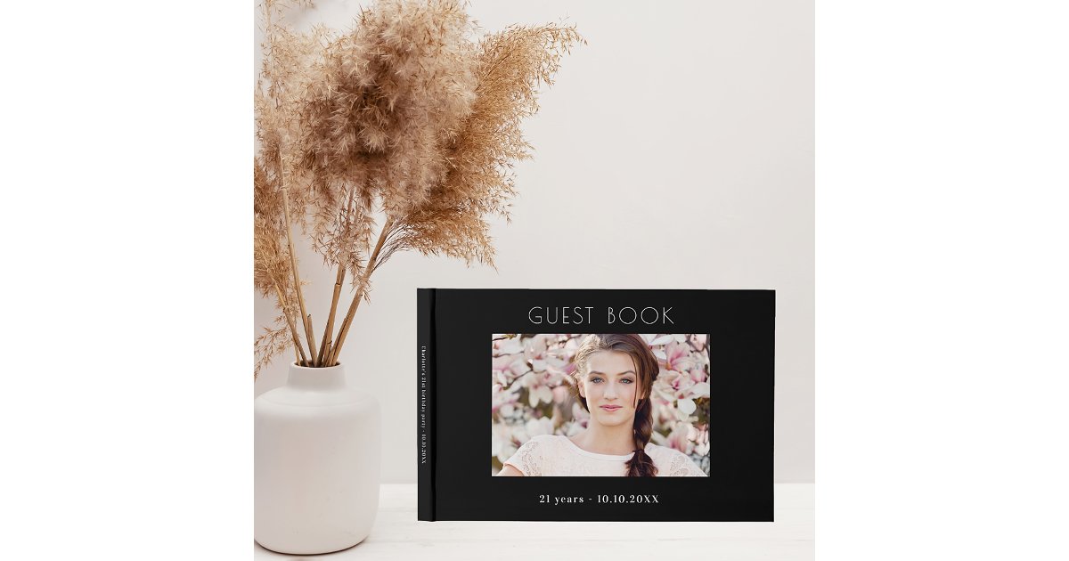 Birthday party black white photo collage guest book | Zazzle