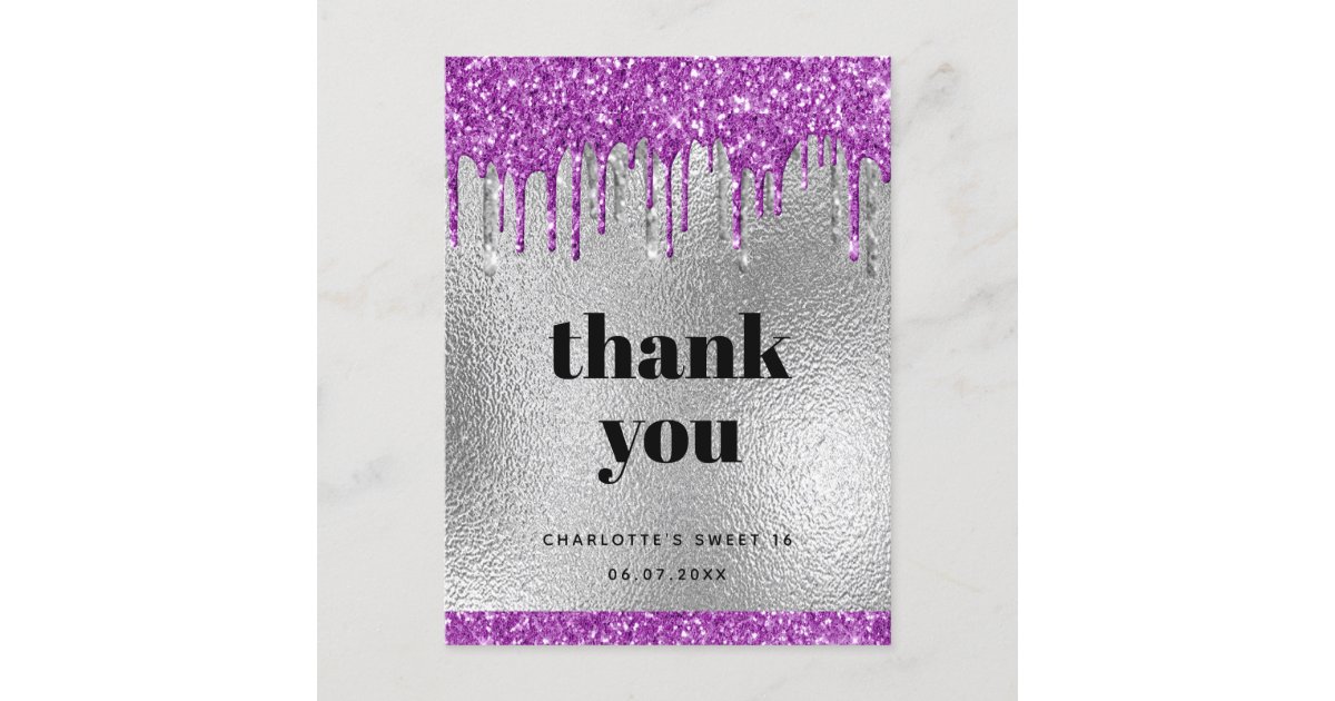 Birthday silver glitter purple modern thank you postcard | Zazzle