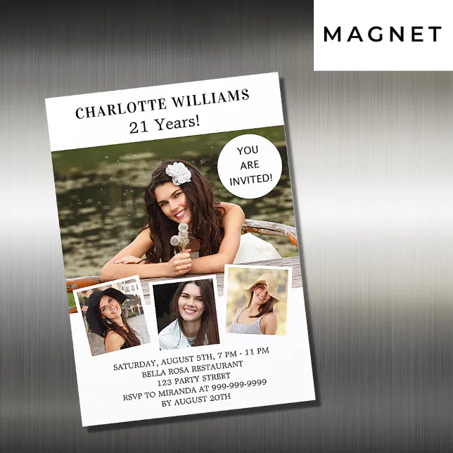 Birthday white photo collage luxury magnetic invitation | Zazzle