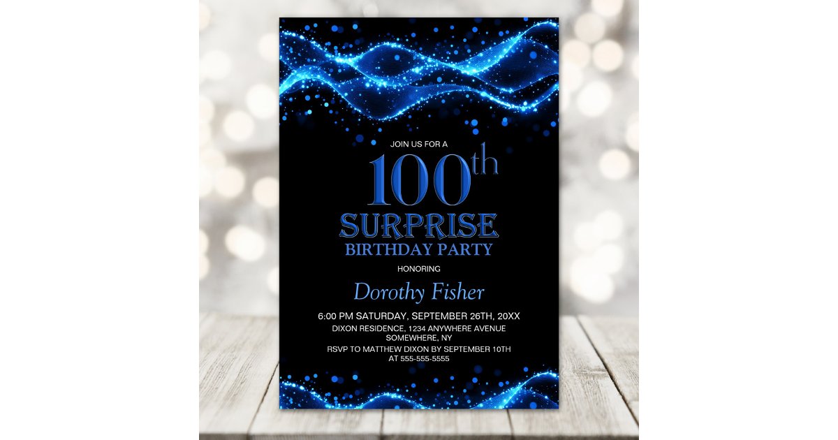 Black and Blue Surprise 100th Birthday Party Invitation | Zazzle