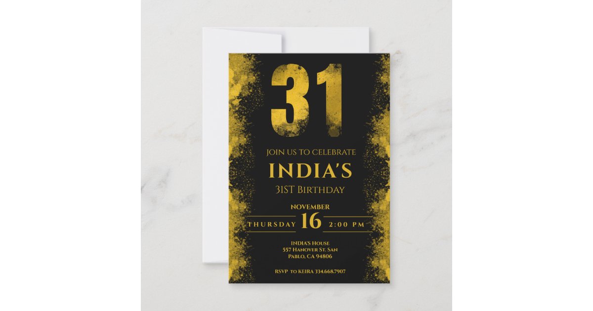 Black And Gold 31st Birthday Party Invitation | Zazzle