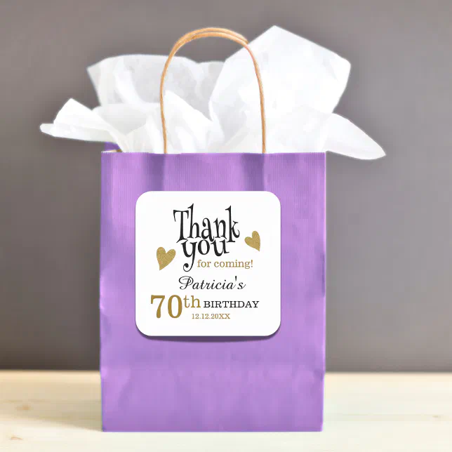 Black And Gold 70th Birthday Thank You Favour Square Sticker | Zazzle
