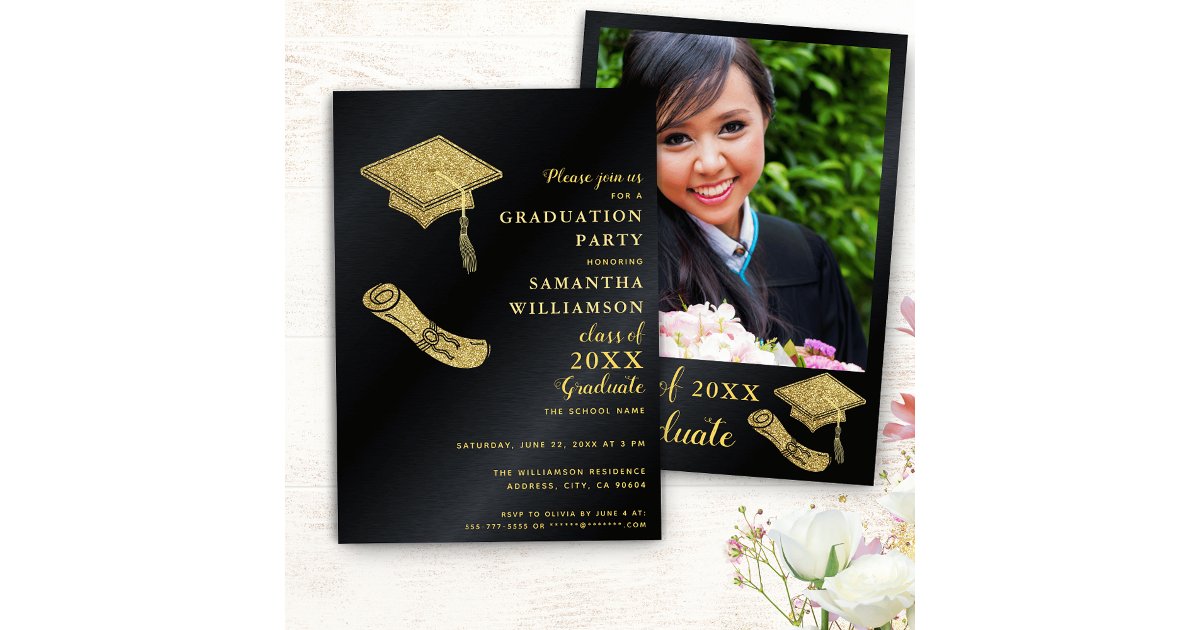 Black and Gold Graduate Photo Graduation Party Invitation | Zazzle