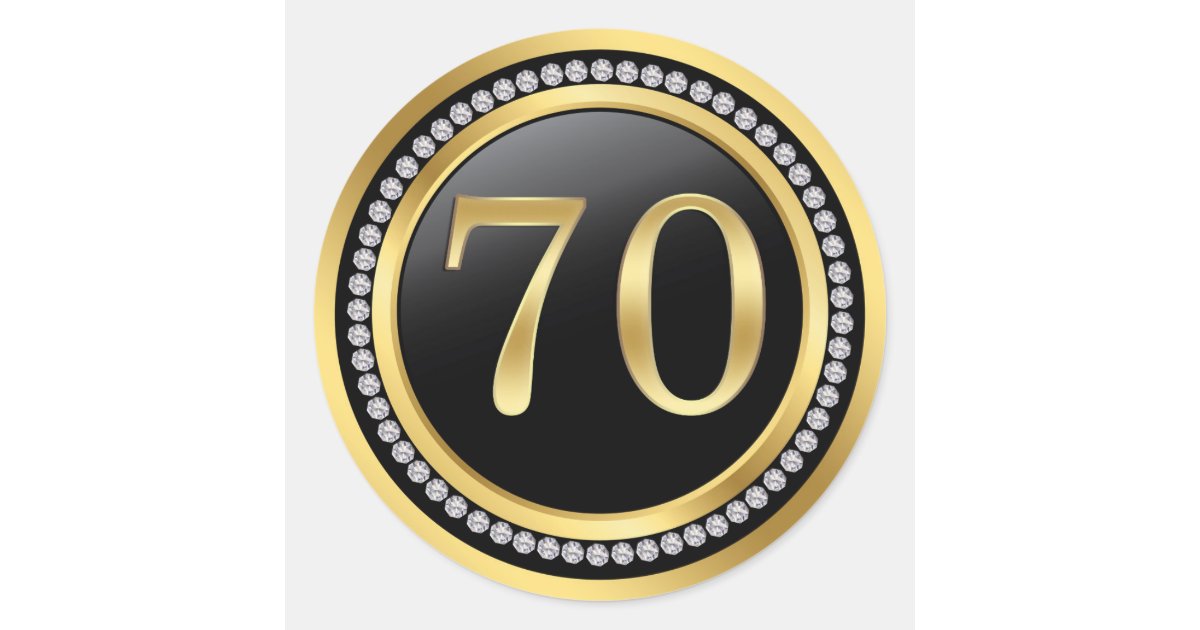 Black and gold, printed diamonds 70th Birthday Classic Round Sticker ...