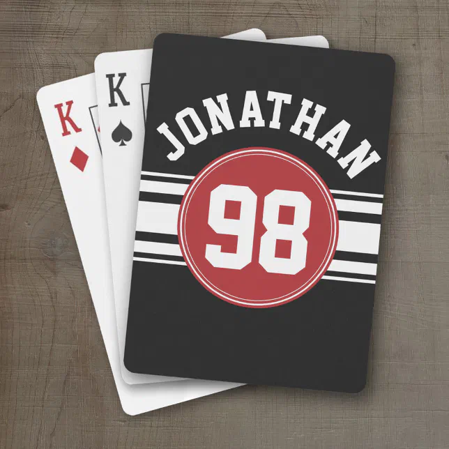 Black and Red Sports Jersey Custom Name Number Playing Cards | Zazzle