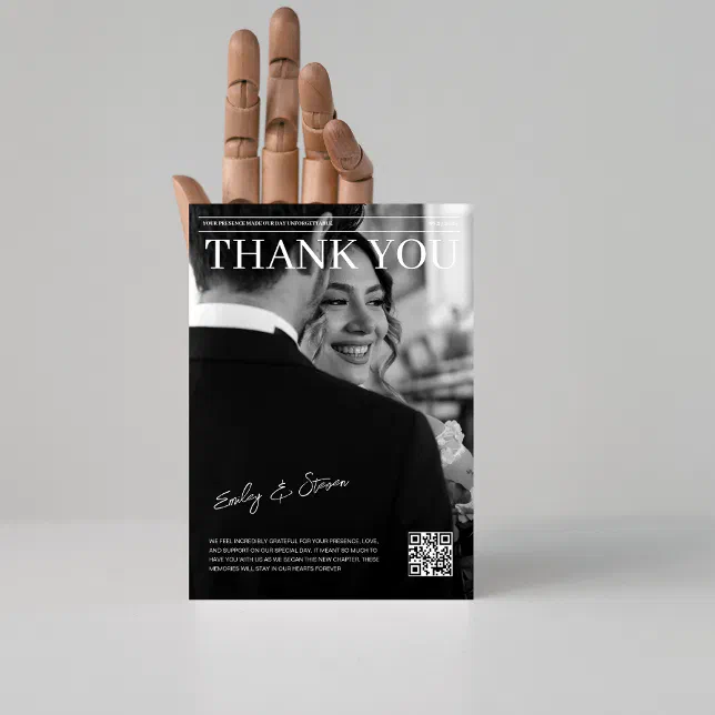 Black and white QR code magazine cover wedding Thank You Card | Zazzle