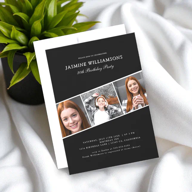 black and white three photo collage birthday invitation | Zazzle