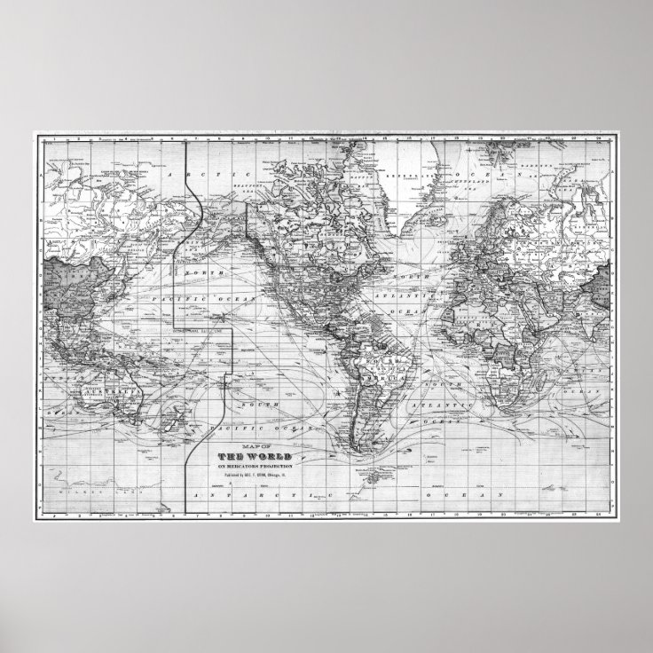 Black and White World Map (1901) Poster | Zazzle
