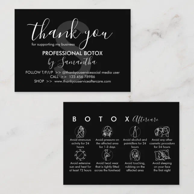 Black Botox Aftercare Instructions Thank You Business Card | Zazzle