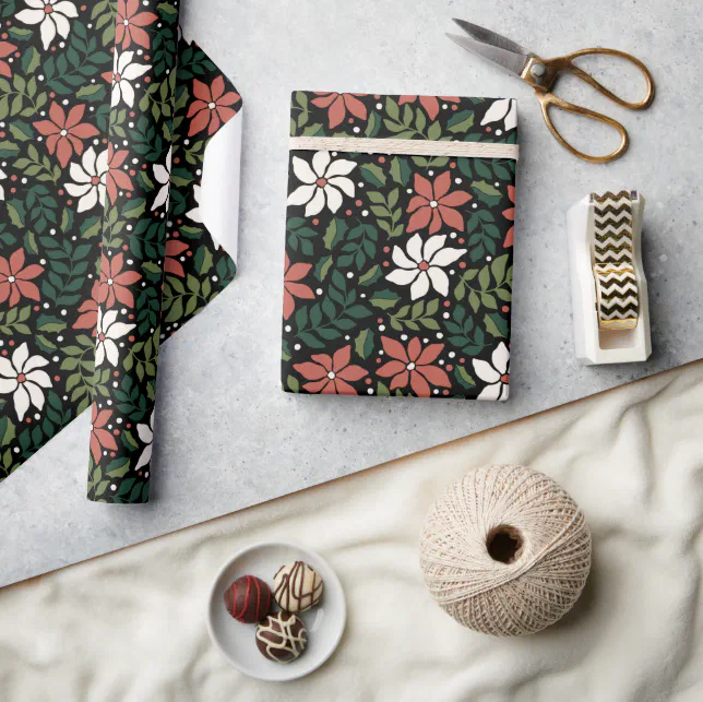 Black Floral Wildflower Christmas Wrapping Paper | Zazzle