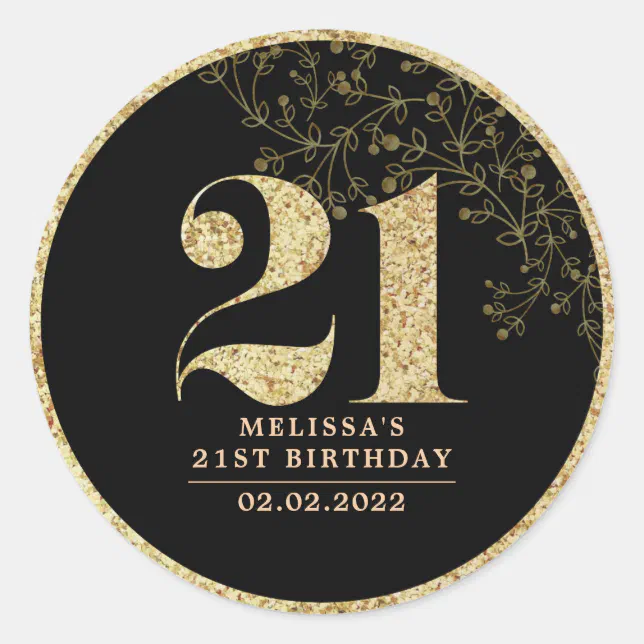 Black & Gold 21st Birthday Party Favour Sticker | Zazzle