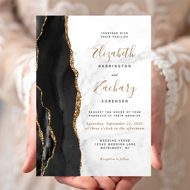Black Gold Agate Marble Wedding Invitation | Zazzle