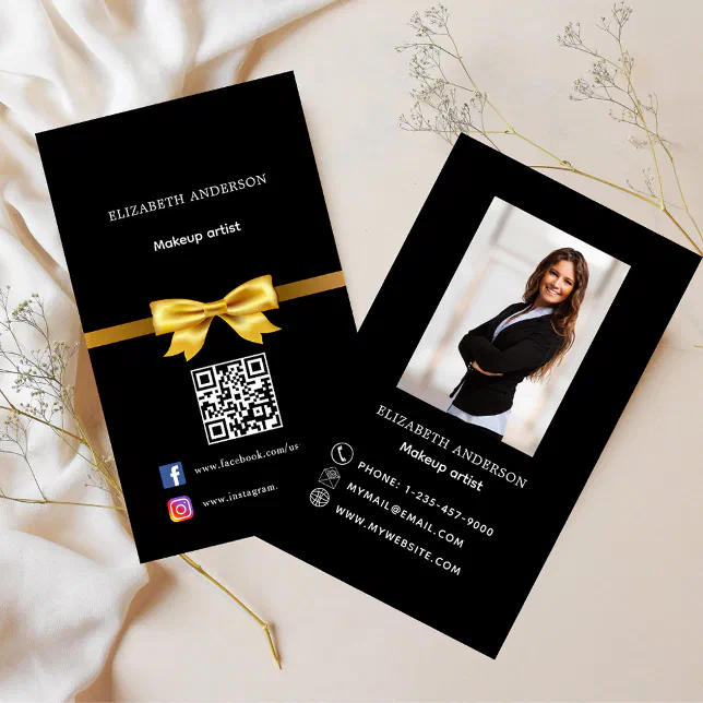 Black gold bow photo Qr code social media Business Card | Zazzle