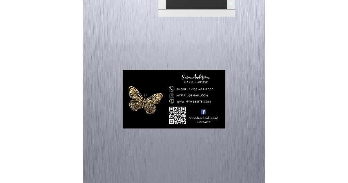 Black gold butterfly QR code Facebook Magnetic Business Card | Zazzle