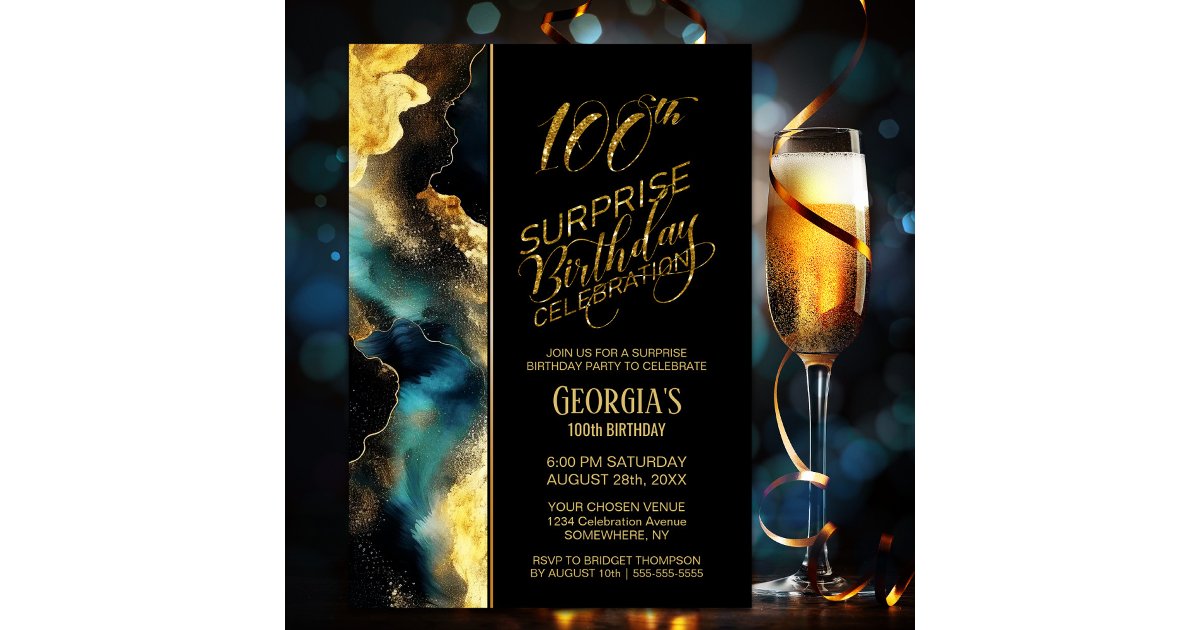 Black Gold Celestial Surprise 100th Birthday Party Invitation | Zazzle