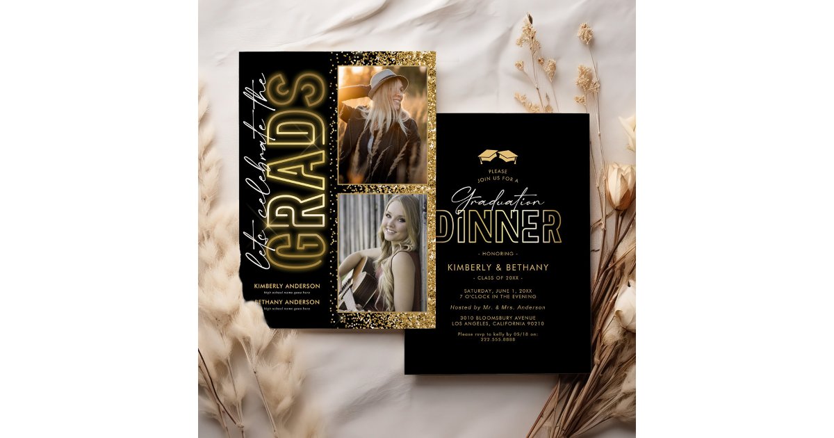 Black Gold Double Graduation Dinner Invitation | Zazzle