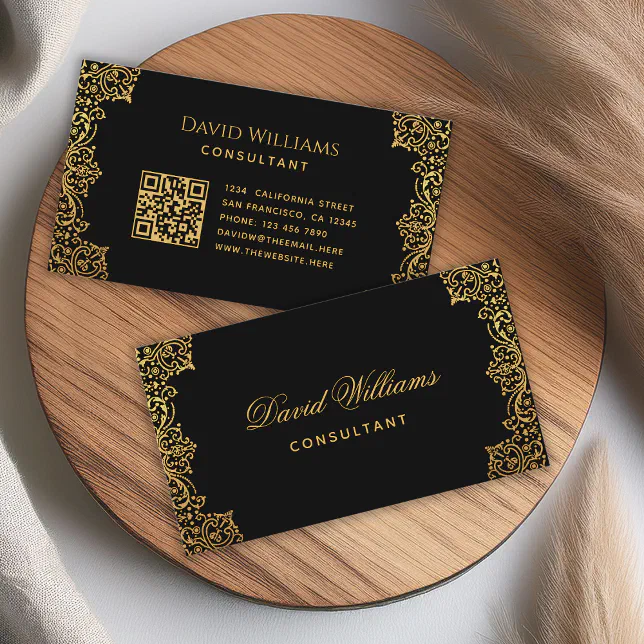 Black Gold Elegant Vintage Antique Script QR Code Business Card | Zazzle