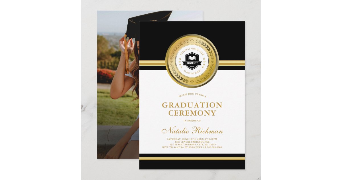 Black & Gold Formal Graduation Ceremony Photo Invitation | Zazzle