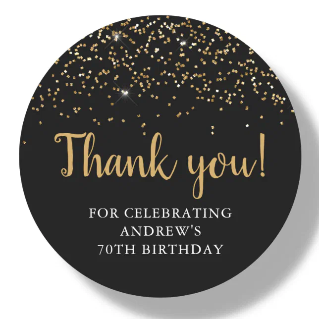 Black And Gold Glitter 70th Birthday Thank You Classic Round Sticker