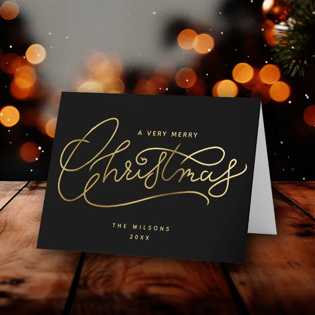 Black Gold Merry Christmas Script Minimalist Holiday Card | Zazzle