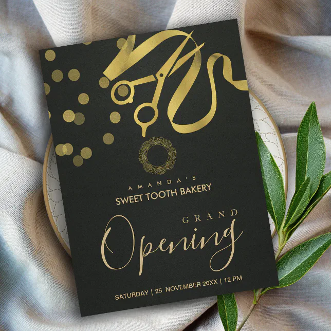 BLACK GOLD RIBBON CUTTING GRAND OPENING INVITATION POSTCARD | Zazzle