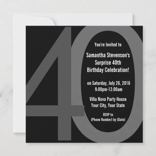 Black/Grey Square Big 40 Birthday Party Invitation | Zazzle