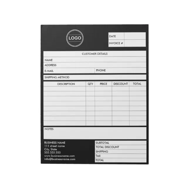 Black Invoice Business Sales Logo Form Receipt Notepad | Zazzle