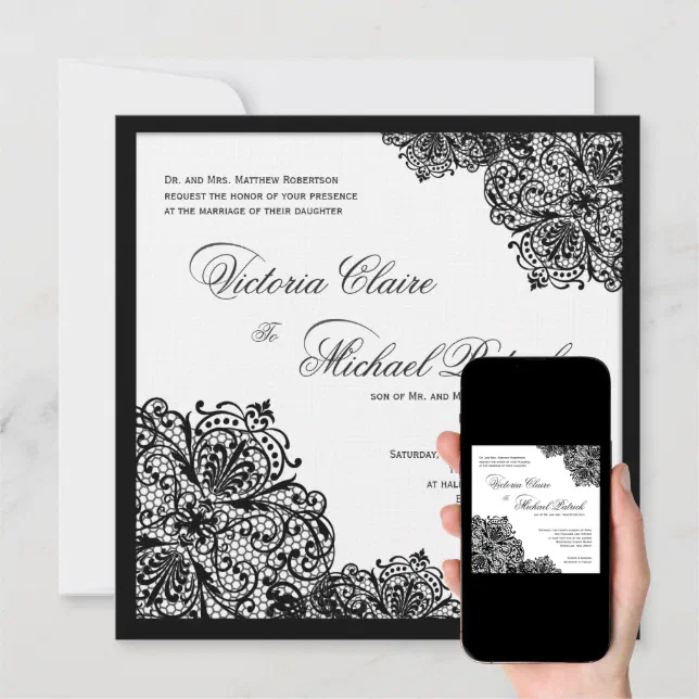 Black Lace White Linen Square Wedding Invitations | Zazzle