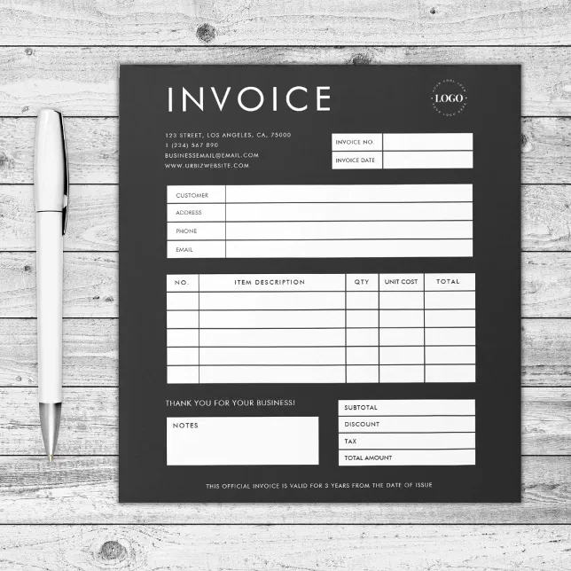 Black Minimalist Custom Small Business Invoice Notepad | Zazzle