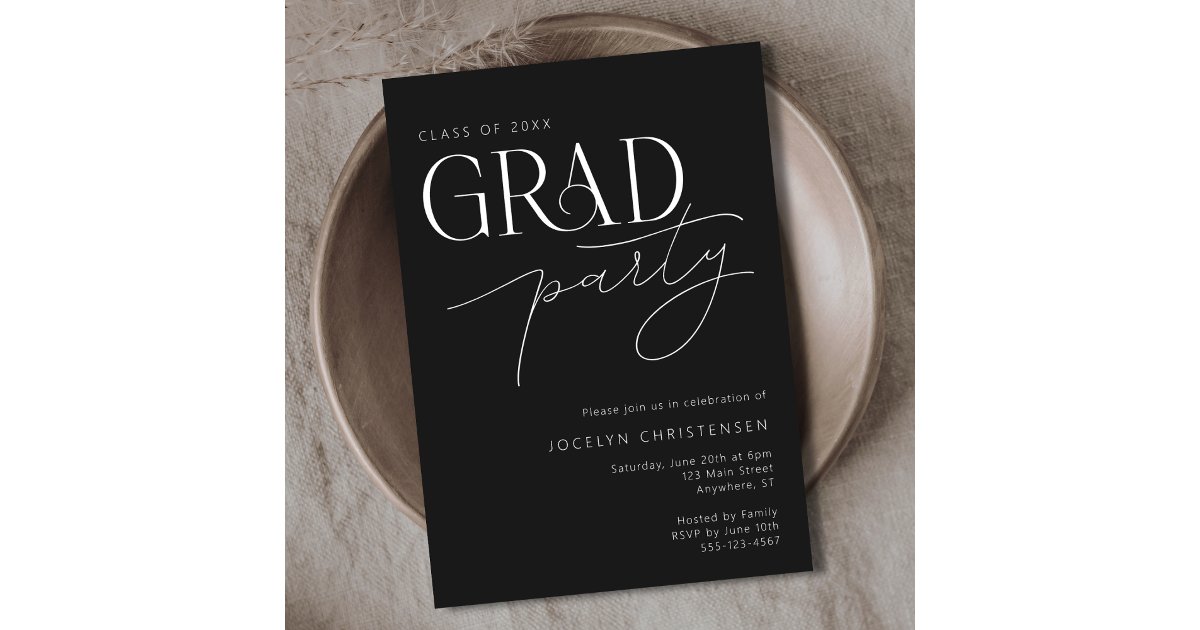Black Modern Typography Grad Party Invitation | Zazzle