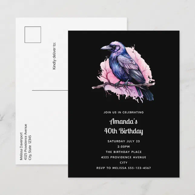 Black Raven on a Branch Illustration Birthday Invitation Postcard | Zazzle