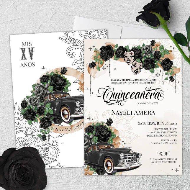 Black Roses Chicana Classic Lowrider Car Quince Invitation | Zazzle
