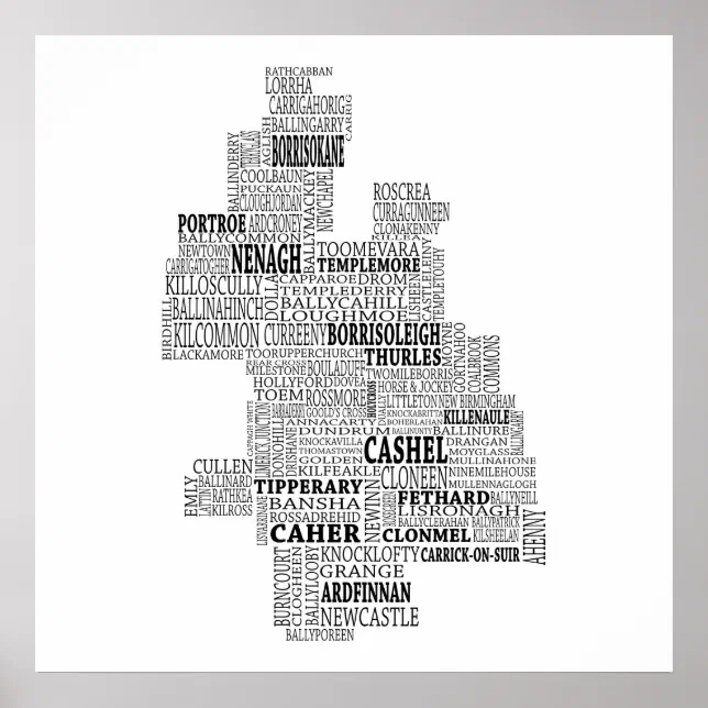 Black Typographical Map of Co. Tipperary, Ireland Poster | Zazzle