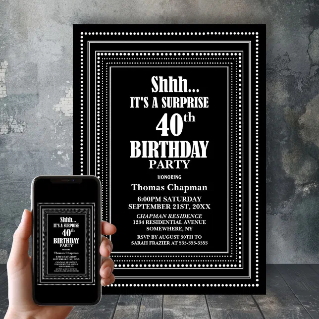 Black White Border Surprise 40th Birthday Party Invitation | Zazzle