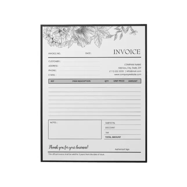 Black White Flower Border Small Business Invoice Notepad | Zazzle