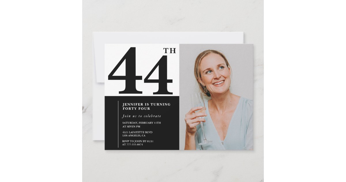Black White Photo 44th Birthday Invitations | Zazzle