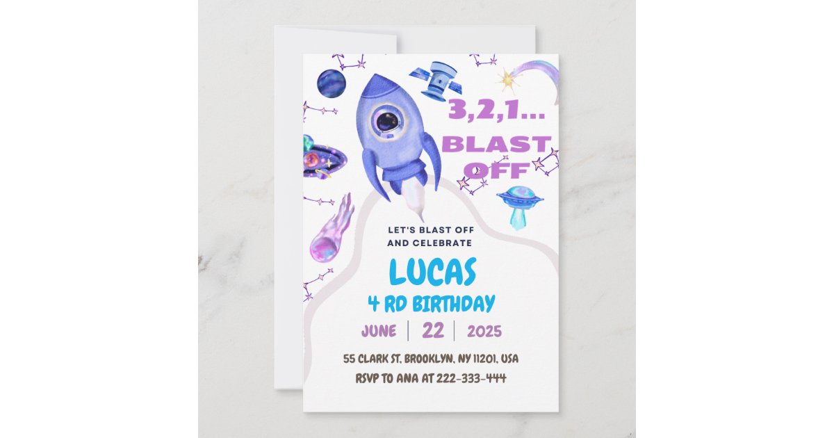 Blast Off Outer Space Birthday Party Invitation | Zazzle