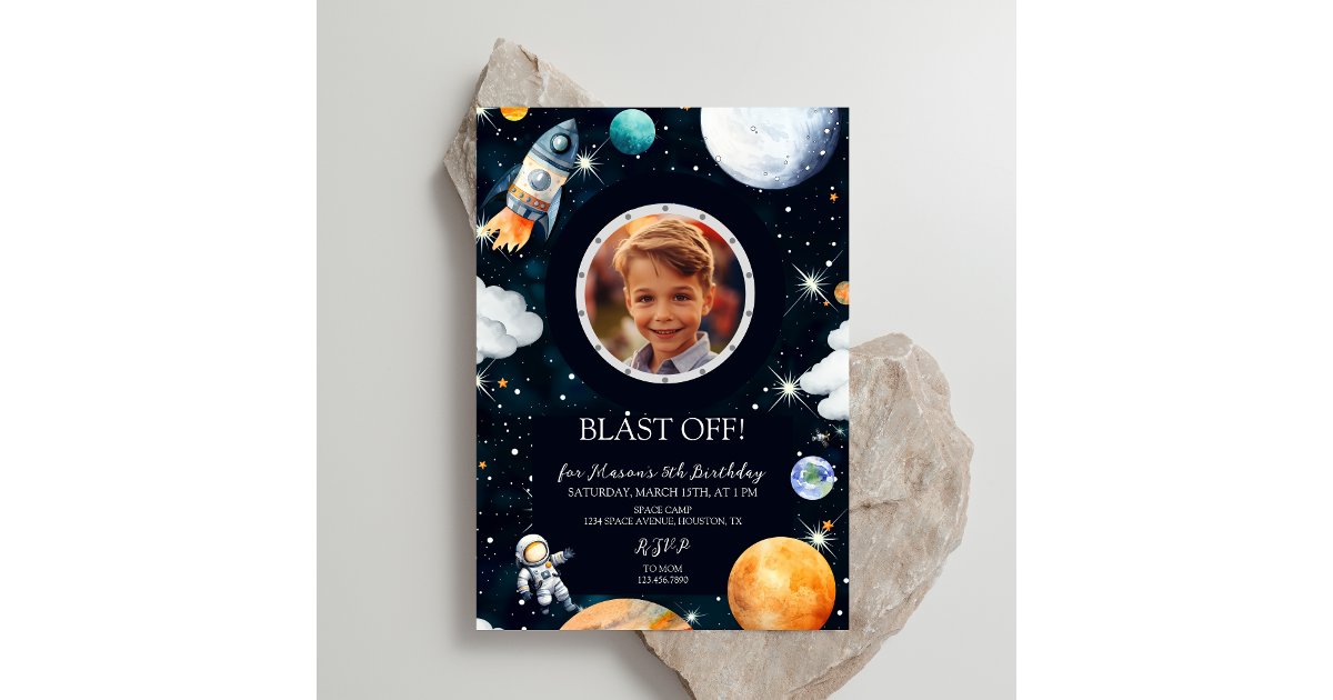 Blast Off Outer Space Photo Birthday Invitation | Zazzle
