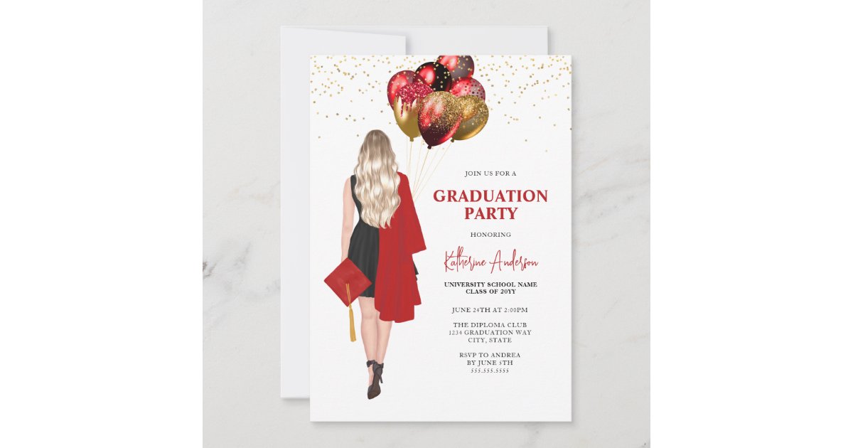 Blonde Female Red Graduation Party Invitation | Zazzle