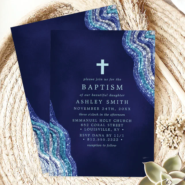 Blue and Silver Glitter Wave Water Baptism Invitation | Zazzle