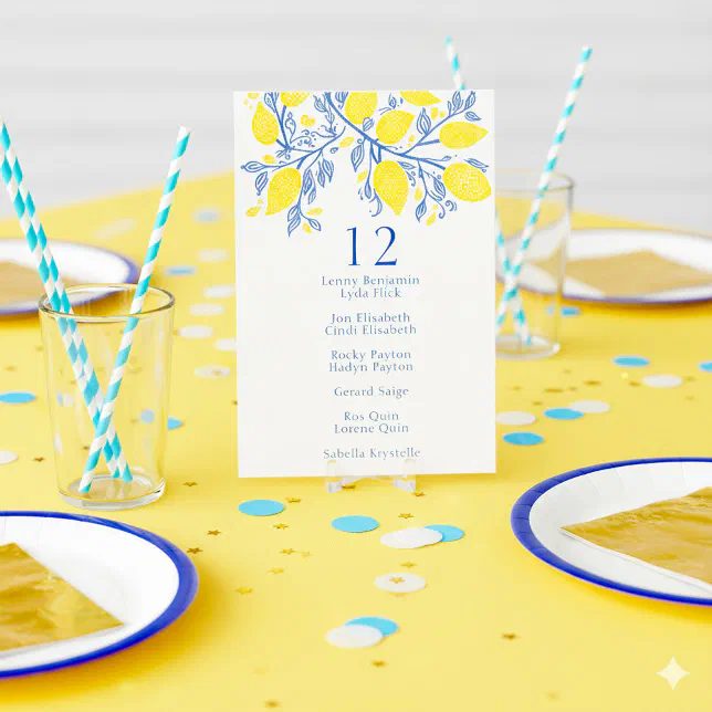 Blue and yellow lemon vines table Seating Chart Invitation | Zazzle