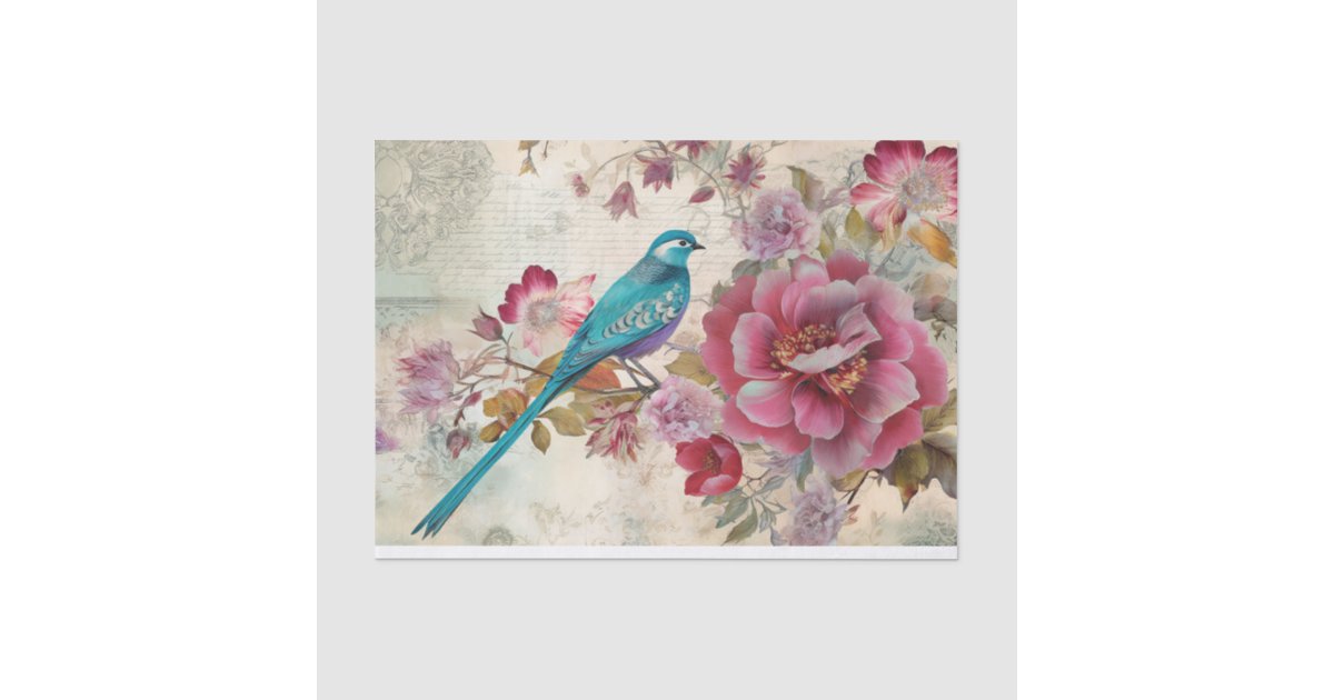 Blue Bird Colourful Floral Background Decoupage Tissue Paper | Zazzle