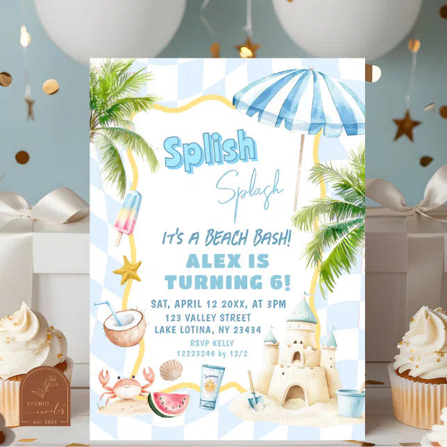 Blue Boy Groovy Beach Party Birthday Bash Invitation | Zazzle