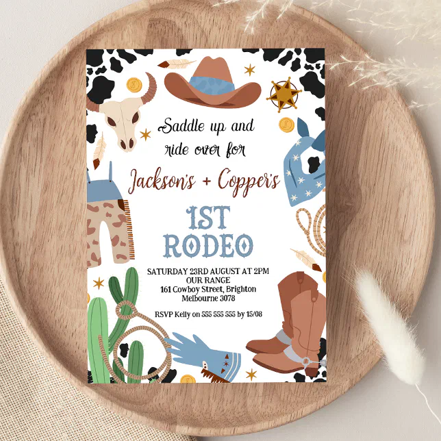 Blue Brown Twin Boys First Rodeo 1st Birthday Invitation | Zazzle