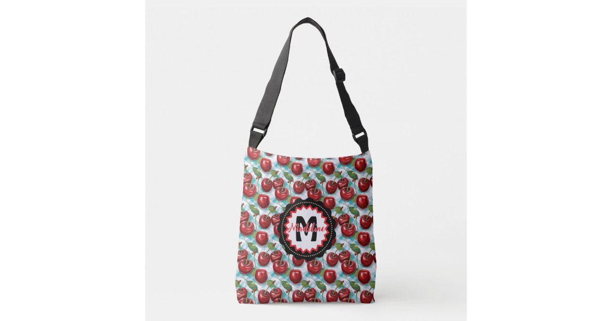Blue Chequered Plaid Cherry Pattern Personalised Crossbody Bag | Zazzle