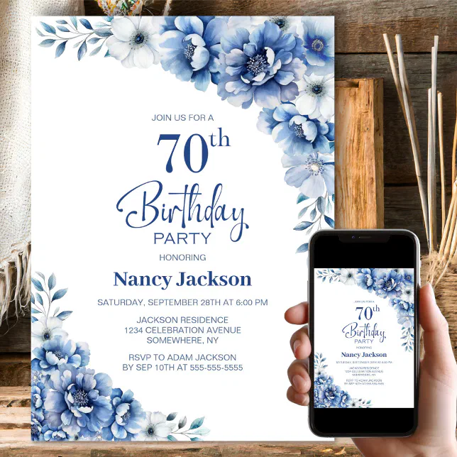 Blue Floral 70th Birthday Party Invitation | Zazzle