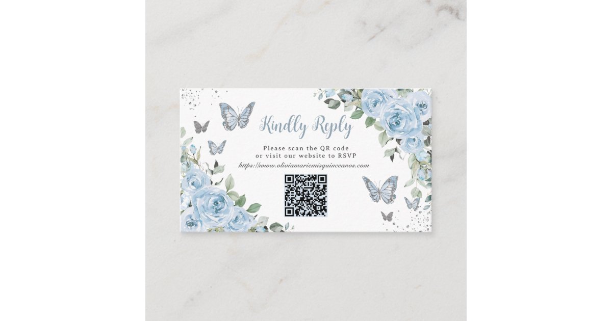 Blue Floral Butterflies Quinceañera QR Code RSVP Enclosure Card | Zazzle