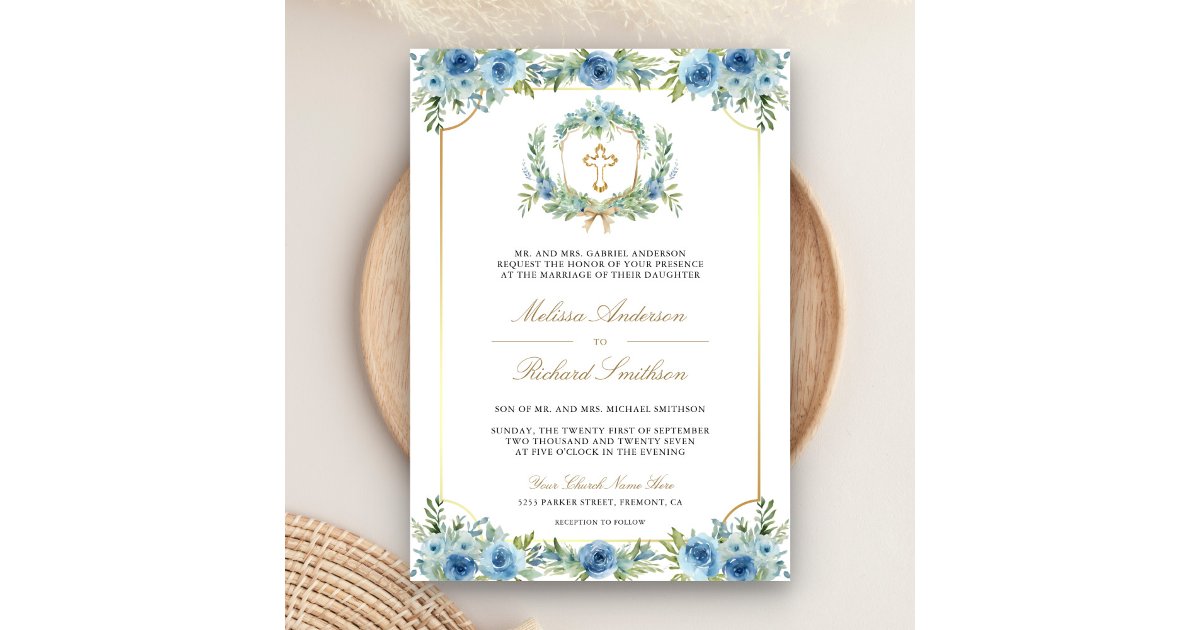Blue Floral Gold Catholic Cross QR Code Wedding Invitation | Zazzle